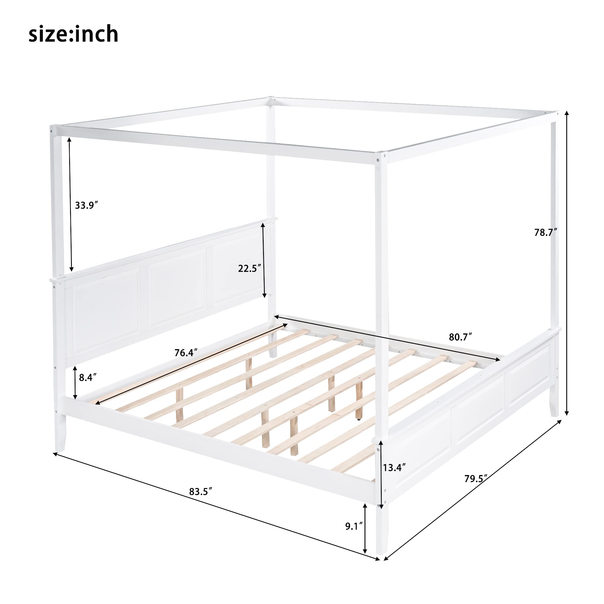 BIADNBZ King Size Canopy Bed Frame Wood 4 Poster Panel Platform Beds with Headboard, Footboard and Slats Support Leg, No Box Spring Needed/Easy Assembly, White