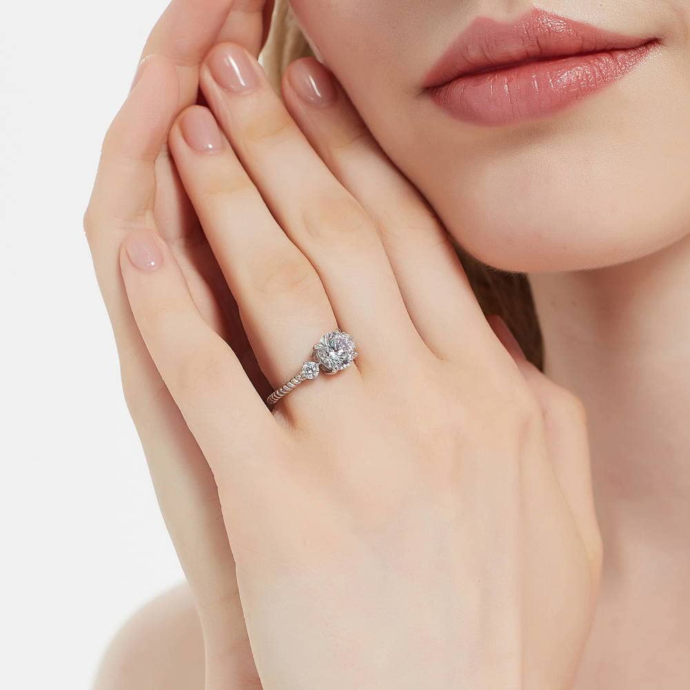 BERRICLE Sterling Silver 3-Stone Wedding Engagement Rings Round Cubic Zirconia CZ Woven Ring Set for Women, Rhodium Plated Size 7