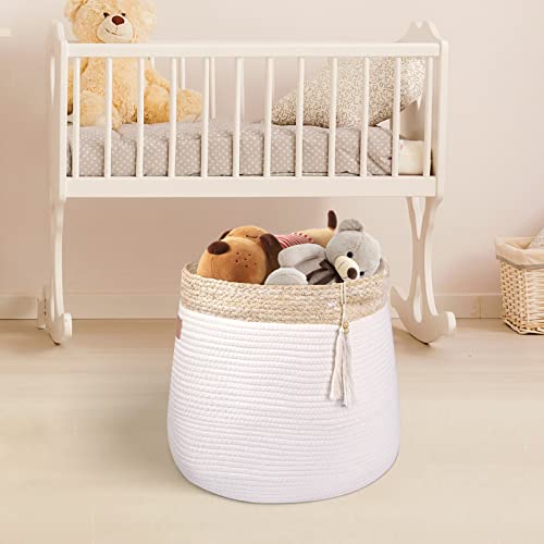 Rope Basket Woven Storage Basket with Handles - Laundry Basket Large 17.3x 15 x 14.1 Inches Cotton Blanket Organizer, Baby Nursery Containers White Home Decor Gift