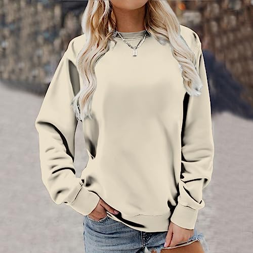 Comigeewa Womens Tops 2023 Tredny,Sudadera de entrenamiento para mujer, manga larga, informal, con capucha, cuello redondo, cómodo, pulóver,salón holgada,1-Beige,Large