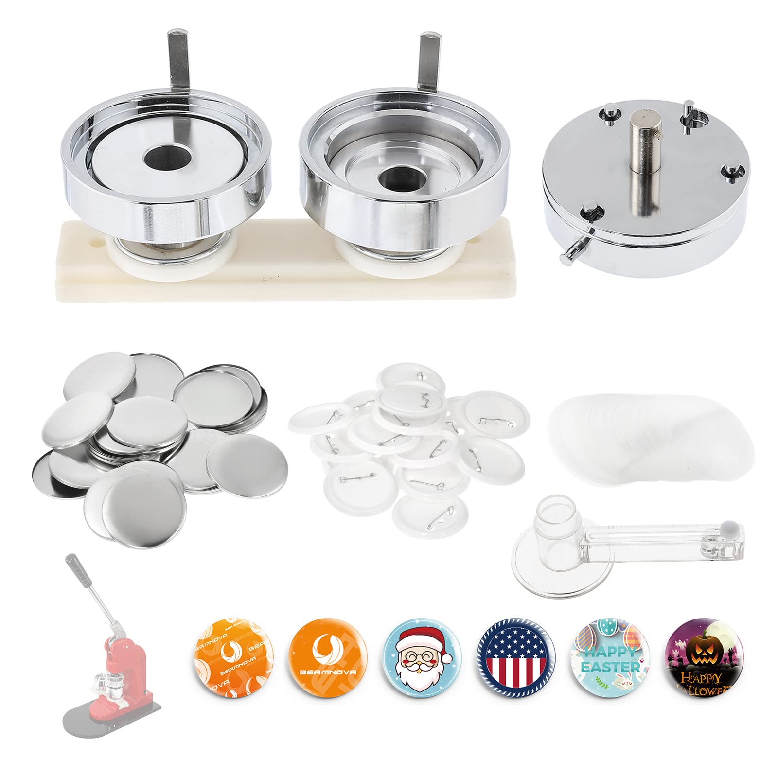 BEAMNOVA 58mm 2.28in Button Maker Machine Interchangeable Die Mold with 100 Sets of Button Part Supplies, Circle Cutter Accessories for Lightweight Round Pin Maker Kit