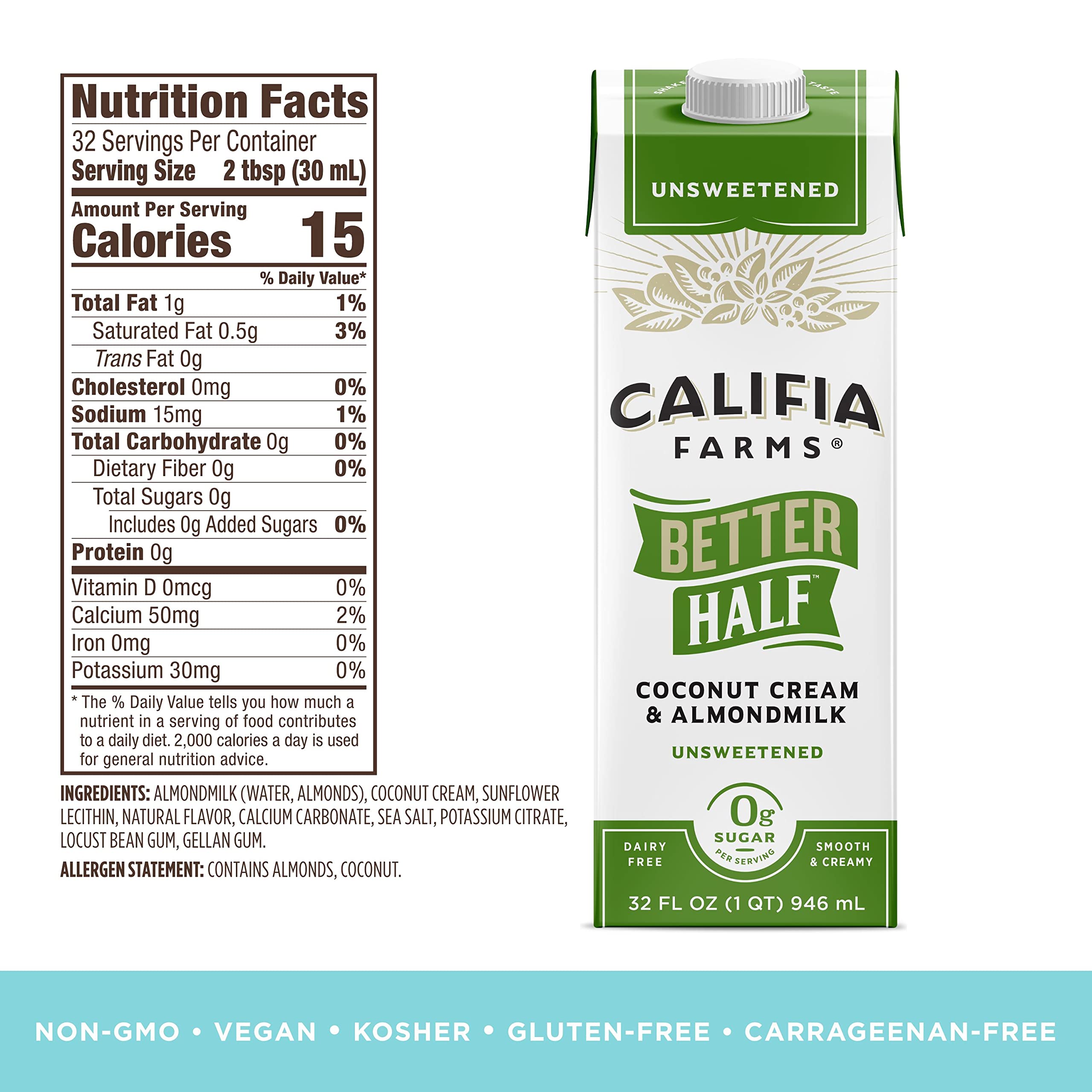 Califia Farms - Unsweetened Better Half, Half and Half Substitute, 32 Oz (Pack of 6), Almond Milk, Coconut Cream, Coffee Creamer, Keto, Shelf Stable, Dairy Free, Plant Based, Vegan
