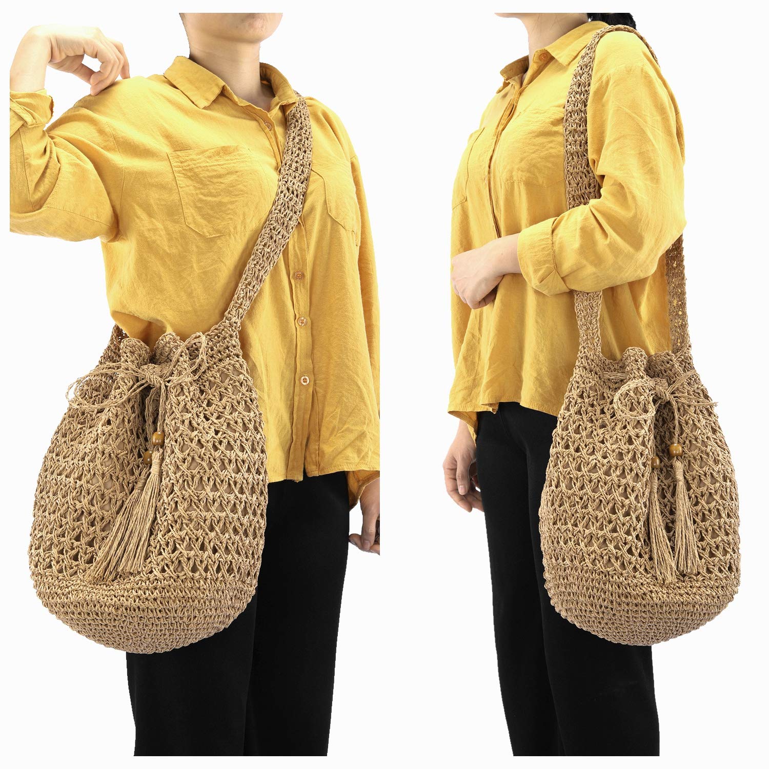 Ayliss Women Beach Handbag Straw Crossbody Shoulder Handbag Summer Beach Handmade Woven Bucket Bag Drawstring with Tassel (Khaki)