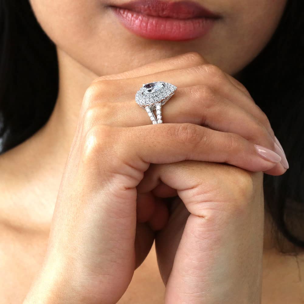BERRICLE Sterling Silver Halo Wedding Engagement Rings Pear Cut Cubic Zirconia CZ Statement Cocktail Split Shank Ring for Women, Rhodium Plated Size 5