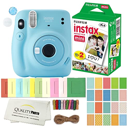 FUJIFILM INSTAX Mini 11 Instant Film Camera Plus Instax Film and Accessories Stickers, Hanging Frames and Microfiber Cloth (Sky Blue)…