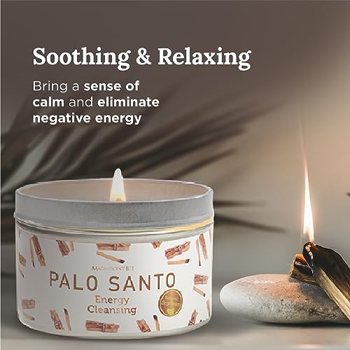 Magnificent 101 Palo Santo Smudge Candle for Home Energy Cleansing and Aromatherapy β 6 oz Natural Soy Wax Tin β 24-Hour Burn Time - Banishes Negative Energy, Chakra Healing, and Manifestation