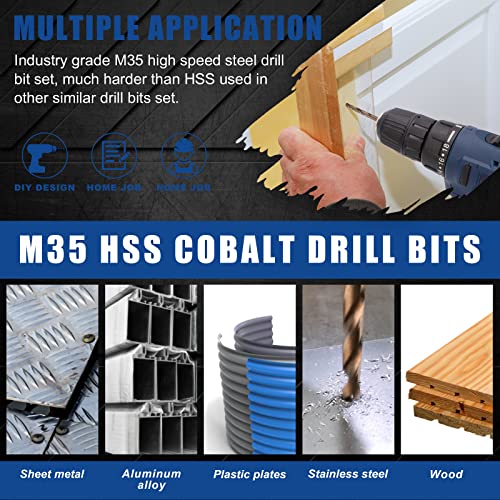 COMOWARE Cobalt Drill Bit Set- 15Pcs M35 High Speed Steel Twist Jobber Length for Hardened Metal, Stainless Steel, Cast Iron and Wood Plastic with Indexed Storage Case, 1/16"-3/8"
