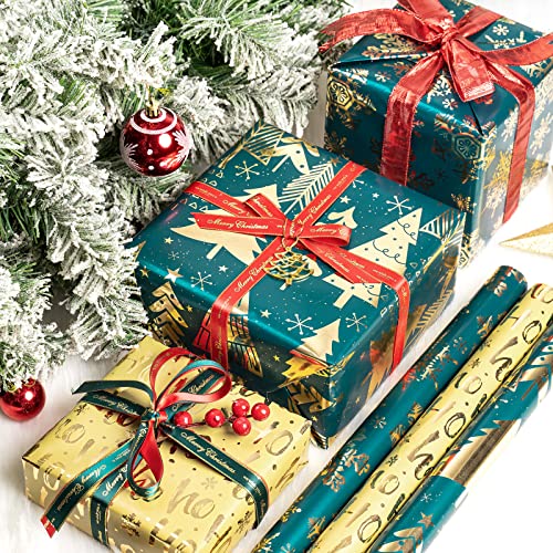 MAYPLUSS Christmas Wrapping Paper Roll - Mini Roll - 17 inch X 120 inch Per roll - 3 Different Dark Green with Glitter Metallic Foil Design(42.3 sq.ft.ttl)