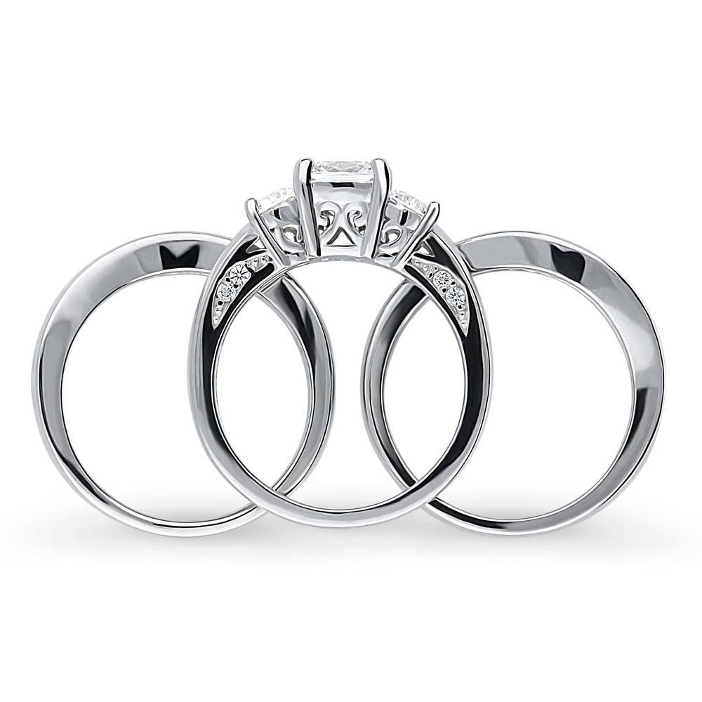 BERRICLE Sterling Silver 3-Stone Wedding Engagement Rings Cushion Cut Cubic Zirconia CZ Ring Set for Women, Rhodium Plated Size 6.5