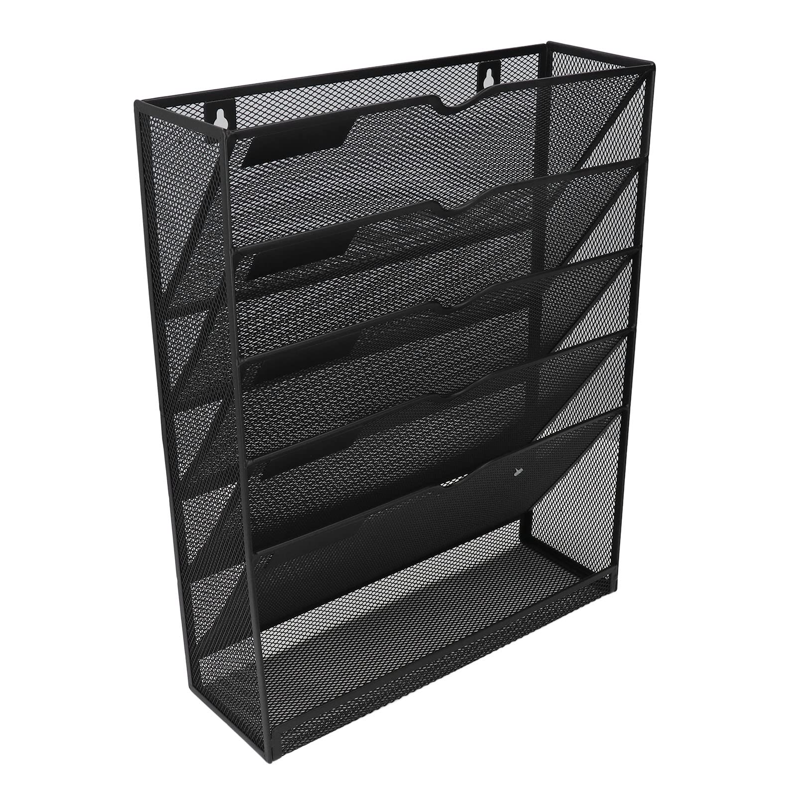 Asixxsix Hanging Wall File Organizer, 5 Pockets Metal Mesh Wall Mounted Paper Magazine Rack with Bottom Flat Tray Heavy Duty File Document Organizer for Home Office Classroom Wall File Holder