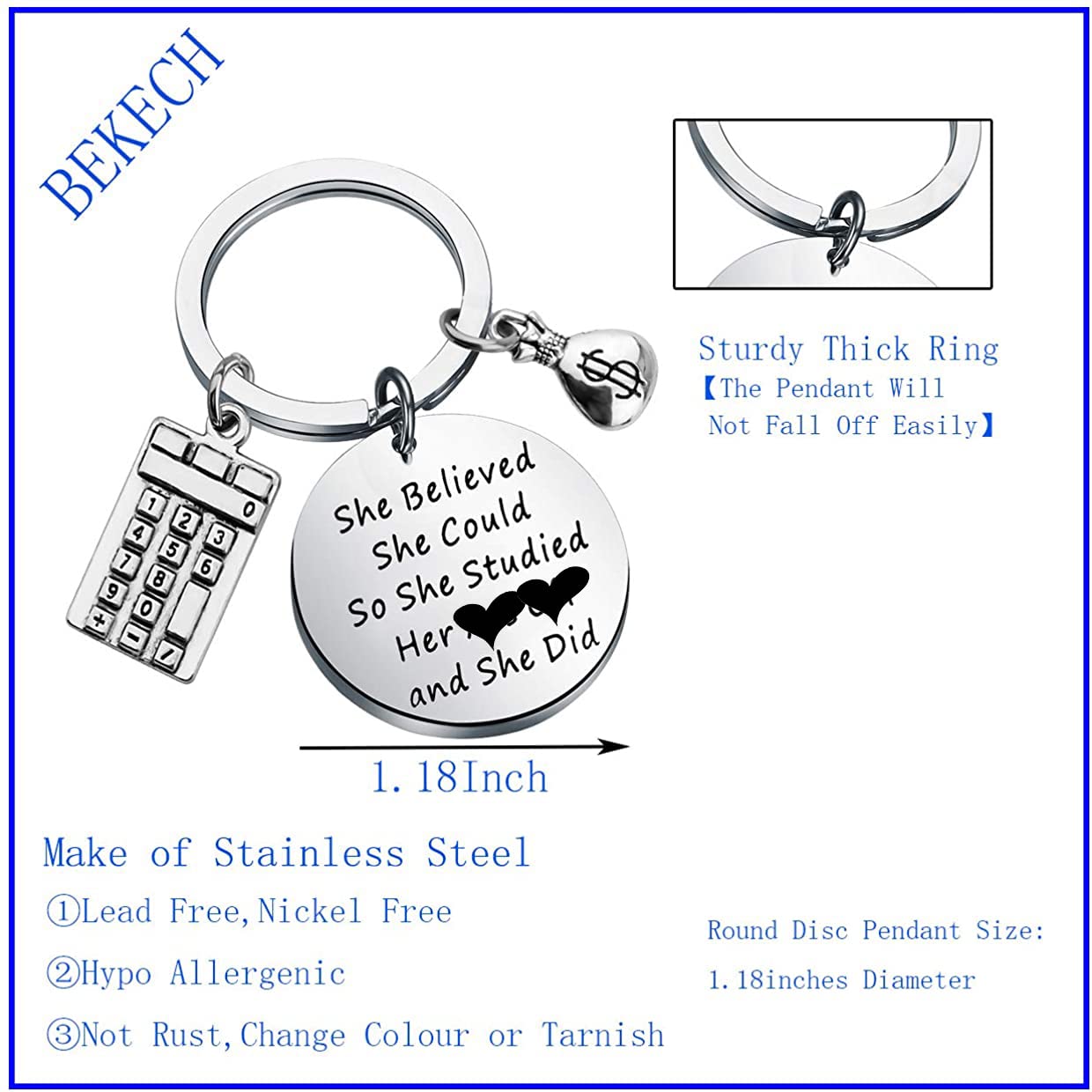 BEKECH Accountant CPA Gift Calculator Charm Keychain She Believed She Could So She Did Keychain Accounting Jewelry Accountant Gift CPA Coworker Gift CPA Graduation Gift (silver)