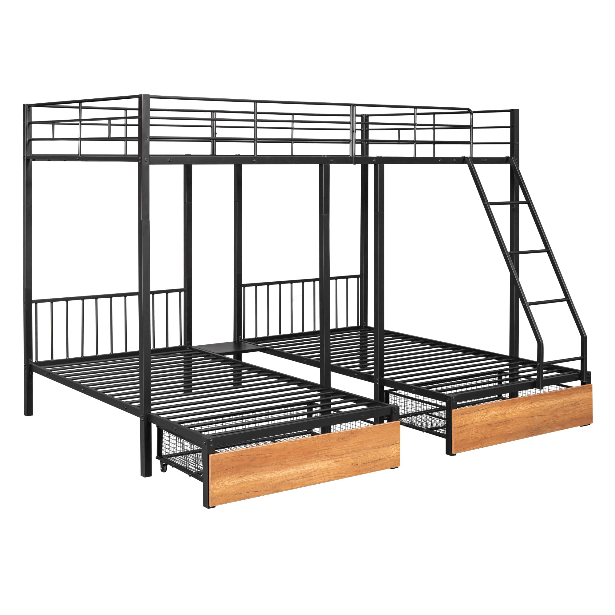 Triple Bunk Bed Metal Full Over Two Twin Beds with Storage Drawers and Shelf Detachable 3 Bed Bunk Bed Frame with Ladder for Kids Boys Girls Teens, Can Bed Divided into Three Separate Beds, Black