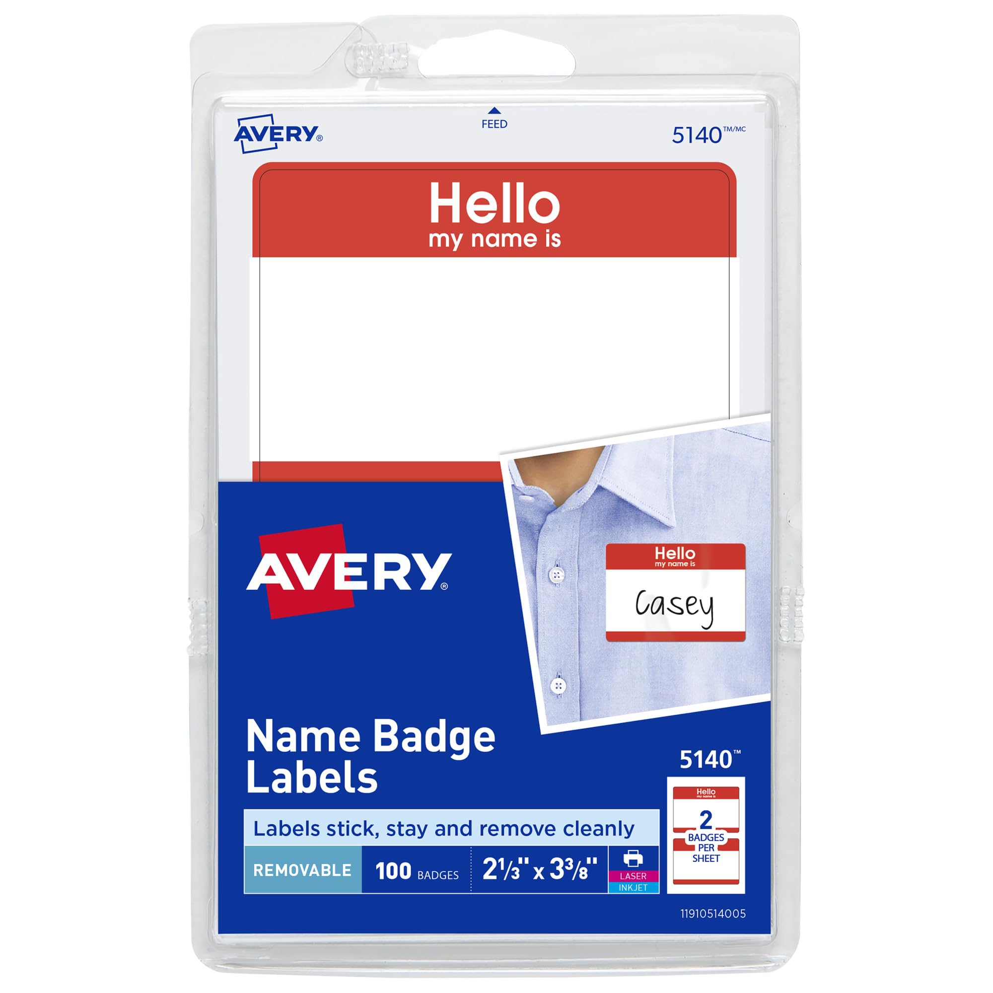 Avery Hello My Name Is Name Tags, White with Red Border, 100 Removable Name Badges (05140)