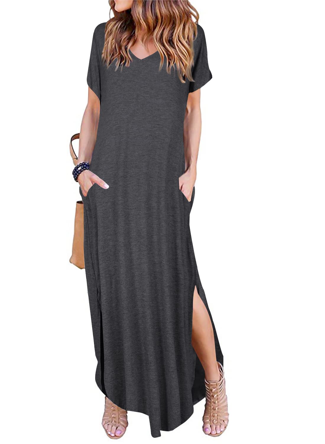 Arolina Women's Summer Maxi Dress Short Sleeve V Neck Casual Loose Long Beach Split Dresses with Pockets Dark Grey