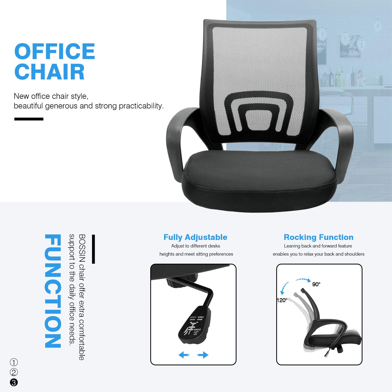 BOSSIN Office Chair Mesh Desk Chair Ergonomic Computer Chair with Lumbar Support Modern Executive Adjustable Chair Rolling Swivel Chairs for Women Men,Black (Black)