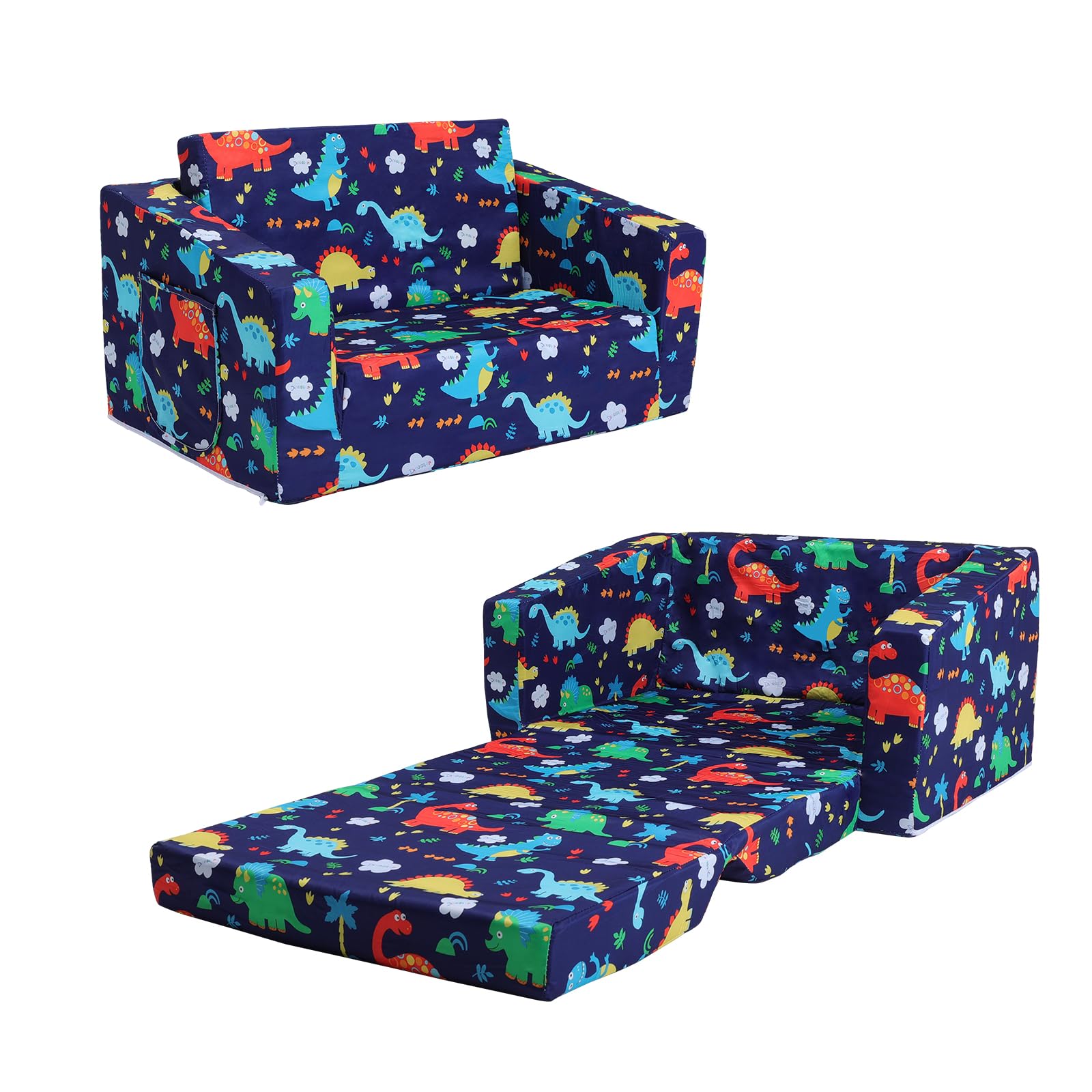 decalsweet Kids Couch Convertible Sofa to Lounger for Toddler Boy, Foldable 2-in-1 Kids Sofa Bed, Toddler Chairs Comfy for Bedroom Playroom, Blue Dinosaur