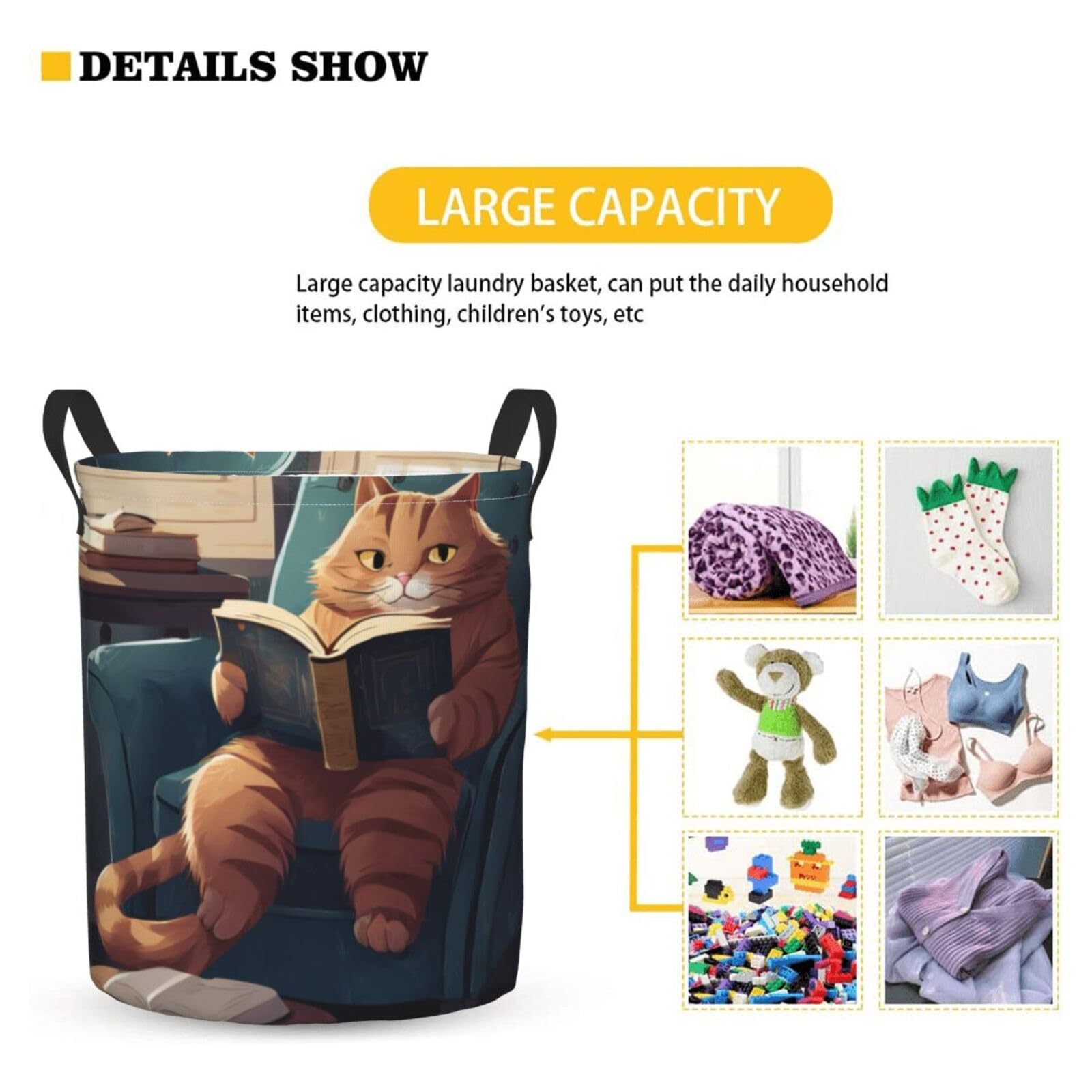 Delerain Funny Cat Laundry Basket, Waterproof Laundry Hamper with Handles, Collapsible Toy Bins Dirty Clothes Round Storage Basket for Home Bathroom Office Nursery, 16.5X13.8(S)