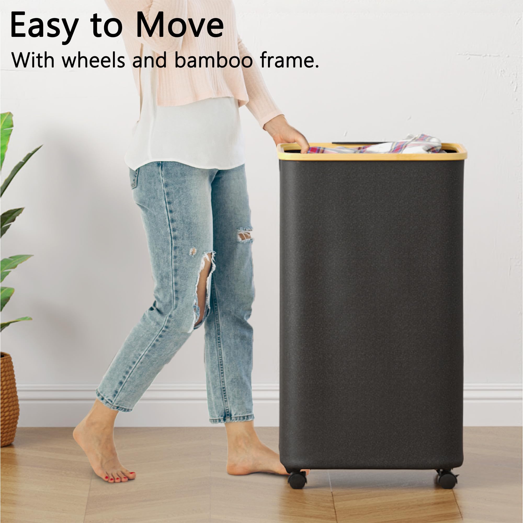 SUOCO Laundry Hamper with Wheels and Lid, 26 Gal (100L) Clothes Basket with Bamboo Handles, Large Foldable Laundry Hamper for Bedroom, Bathroom, Dorm, Laundry Room - Black