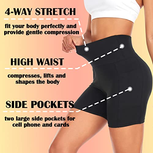 FULLSOFT 4 Pack Biker Shorts for Women β 5" High Waist Tummy Control Workout Yoga Running Compression Exercise Shorts with Pockets(4 Pack Black/Grey/Light Green/White,Large-X-Large)
