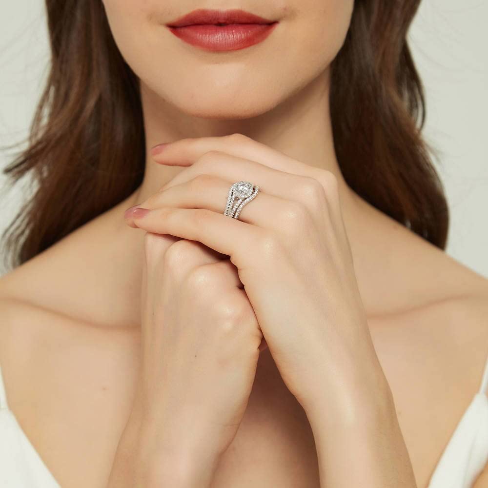 BERRICLE Sterling Silver Halo Wedding Engagement Rings Round Cubic Zirconia CZ Split Shank Ring Set for Women, Rhodium Plated Size 8