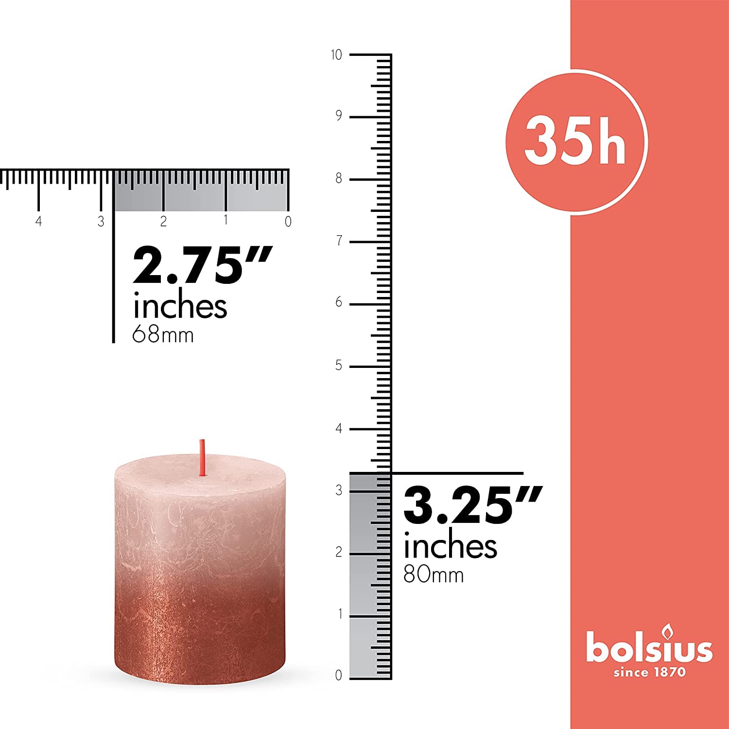 BOLSIUS 4 Pack Misty Pink/Amber Sunset Rustic Metallic Pillar Candles - 2.75 X 3.25 Inches - Fine European Quality - Natural Eco-Friendly Plant-Based Wax - Unscented Dripless Smokeless 35 Hour Candles