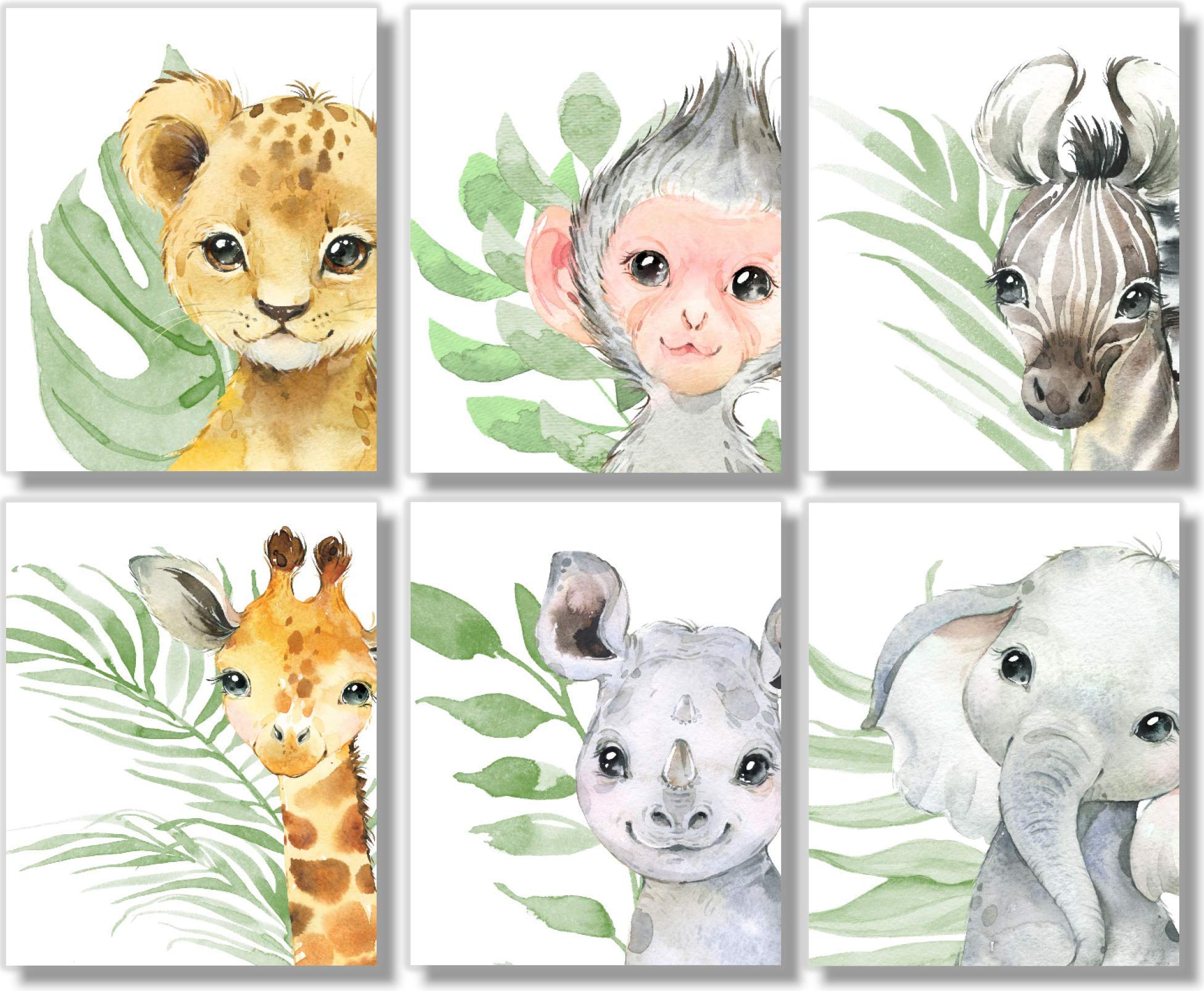 Baby Safari Animals Wall Art Prints - Nursery Decor - Set of 6-8x10 - Jungle Animal Pictures - Unframed - Watercolor