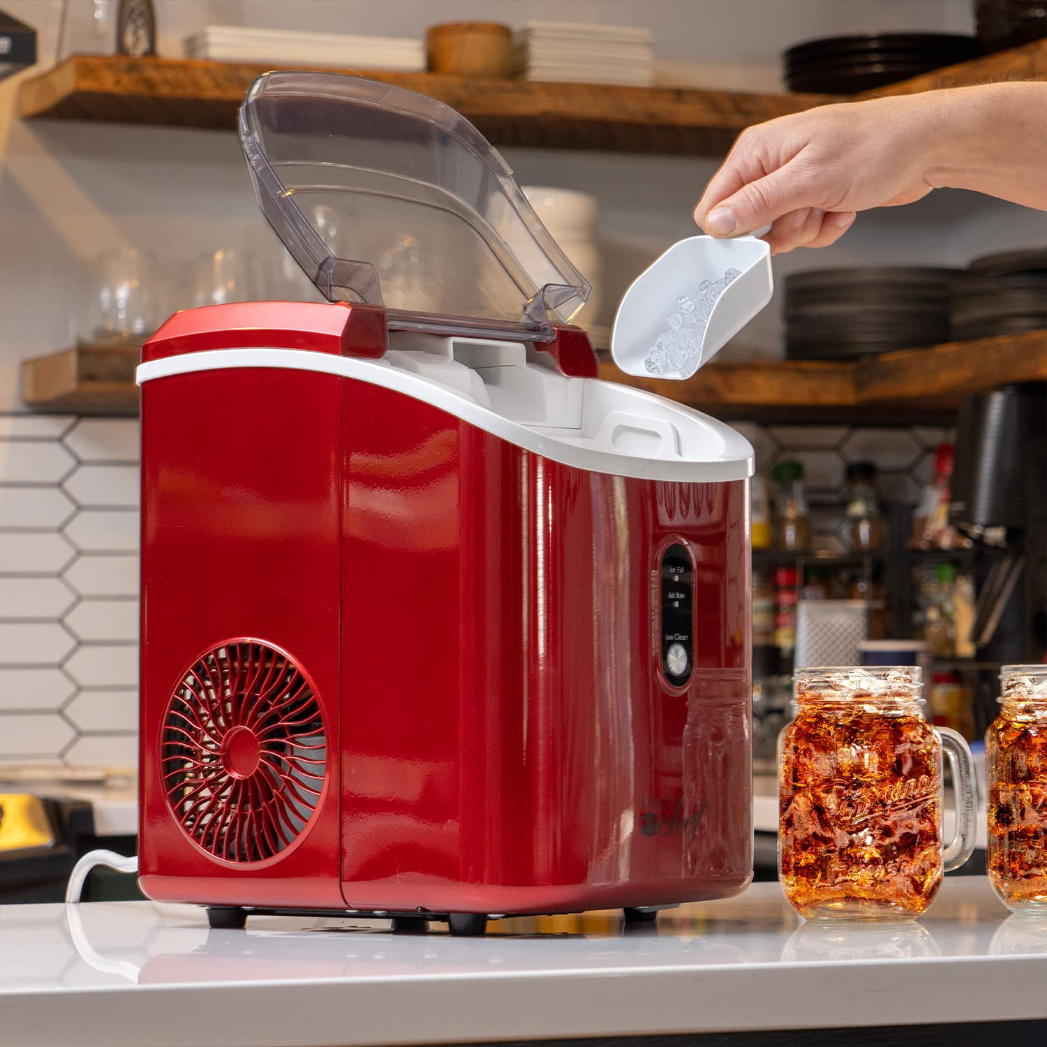 Deco Chef 33LB Per Day Countertop Ice Maker, 1-Click Automatic Operation, Self-Cleaning, Chewable Soft Nugget Ice, Red Stainless