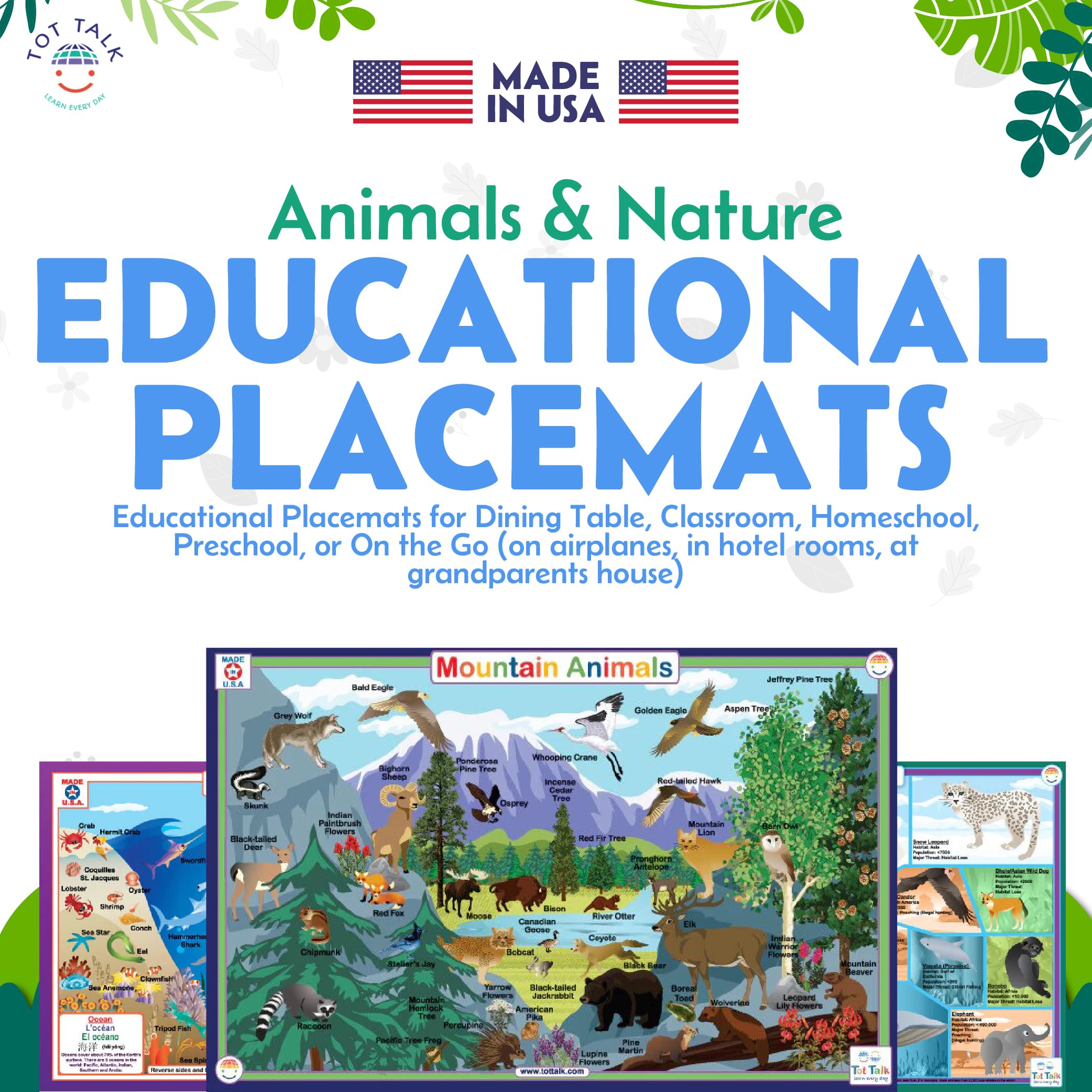 Tot Talk Mountain Animals Educational Placemat for Kids – Made in USA – Durable, Double-Sided, Learning Placemat with Mountain Wildlife & Nature Facts & Coloring– Waterproof, Wipeable, 17.5” x 11.5”