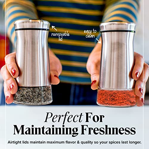 Premium Salt and Pepper Shakers with Adjustable Pour Holes - Elegant Stainless Steel Salt and Pepper Dispenser - Perfect for Himalayan, Kosher and Sea Salts - Spices