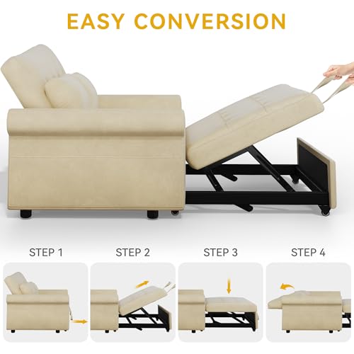 DWVO Sleeper Sofa Bed 3-in-1 Convertible Couch with Pullout Bed, Reclining Backrest, Storage Pockets, Modern Space Lounge Furniture for Living Room, Includes Toss Pillows, Beige