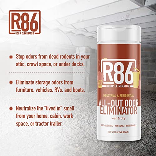 R86 Industrial All-Out Odor Eliminator, Removes Dead Animal Odor, Skunk Odor, Urine, Poop, Musty Basement & More β Natural Formula, Use Wet or Dry, Biodegradable