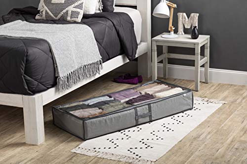 Zober Under Bed Storage - Pack of 2 Under Bed Storage Containers for Clothes, Blankets, Winter Clothing, & Shoes - Under The Bed Storage with Handles, Dual Zippers, & Clear Top (Gray)
