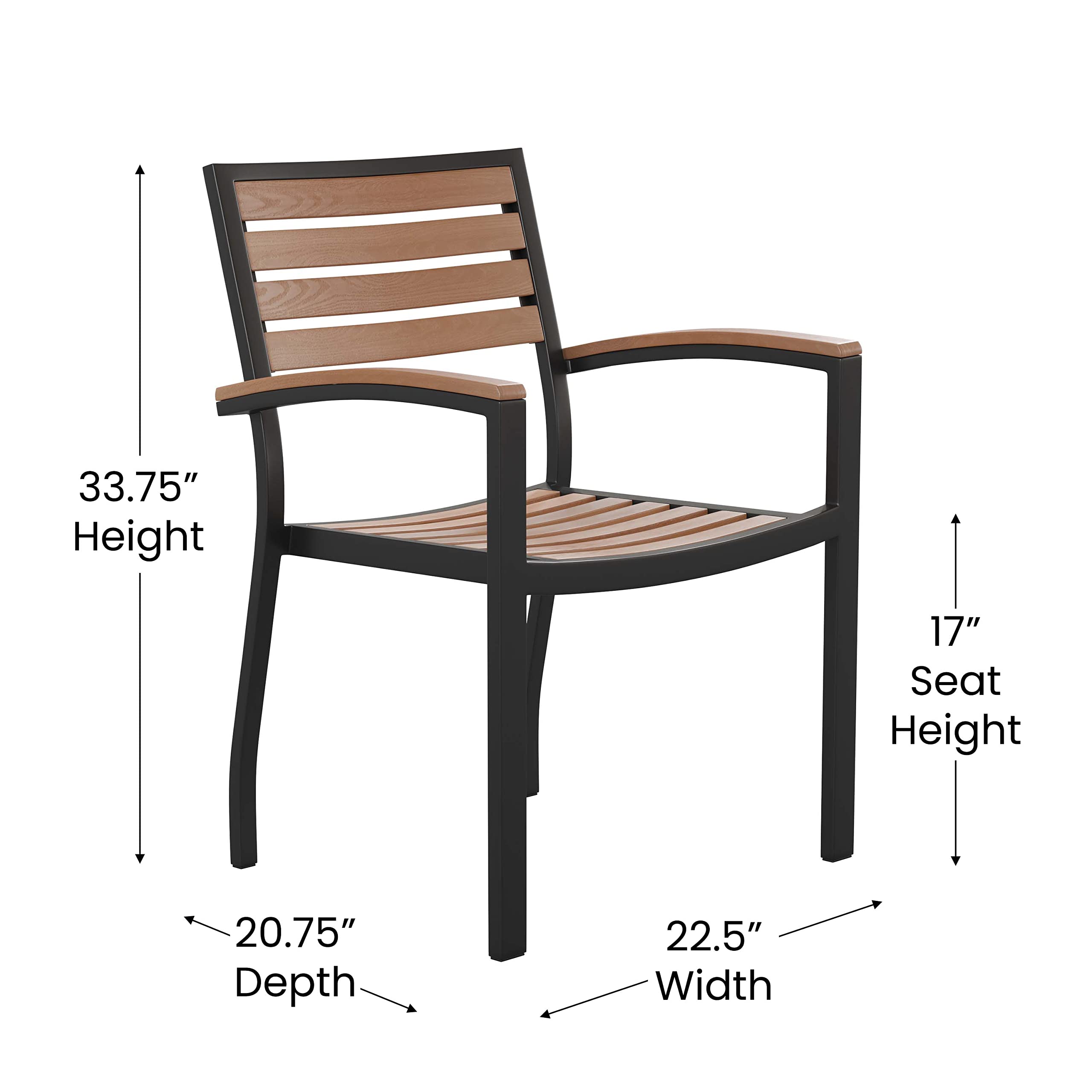 EMMA + OLIVER Stackable Aluminum Patio Chair - Set of 2 All-Weather Black Framed Side Chair with Faux Teak Slats - Commerical Grade