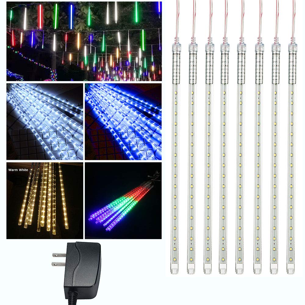 Qelus Meteor Shower Rain Lights, 192LEDs 8Tubes 11.8inch Drop Icicle Cascading Rain Lights for Christmas Holiday Wedding Garden Home Decoration, Blue