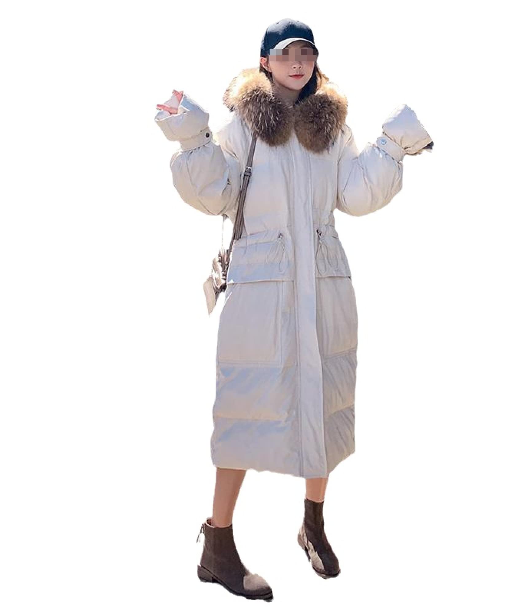BLFYQB Down Padded Women in The Long Section Thigh Winter Loose Hooded Coat Thicken The Little Man Jacket Coat Soft and Comfortable/Beige/S