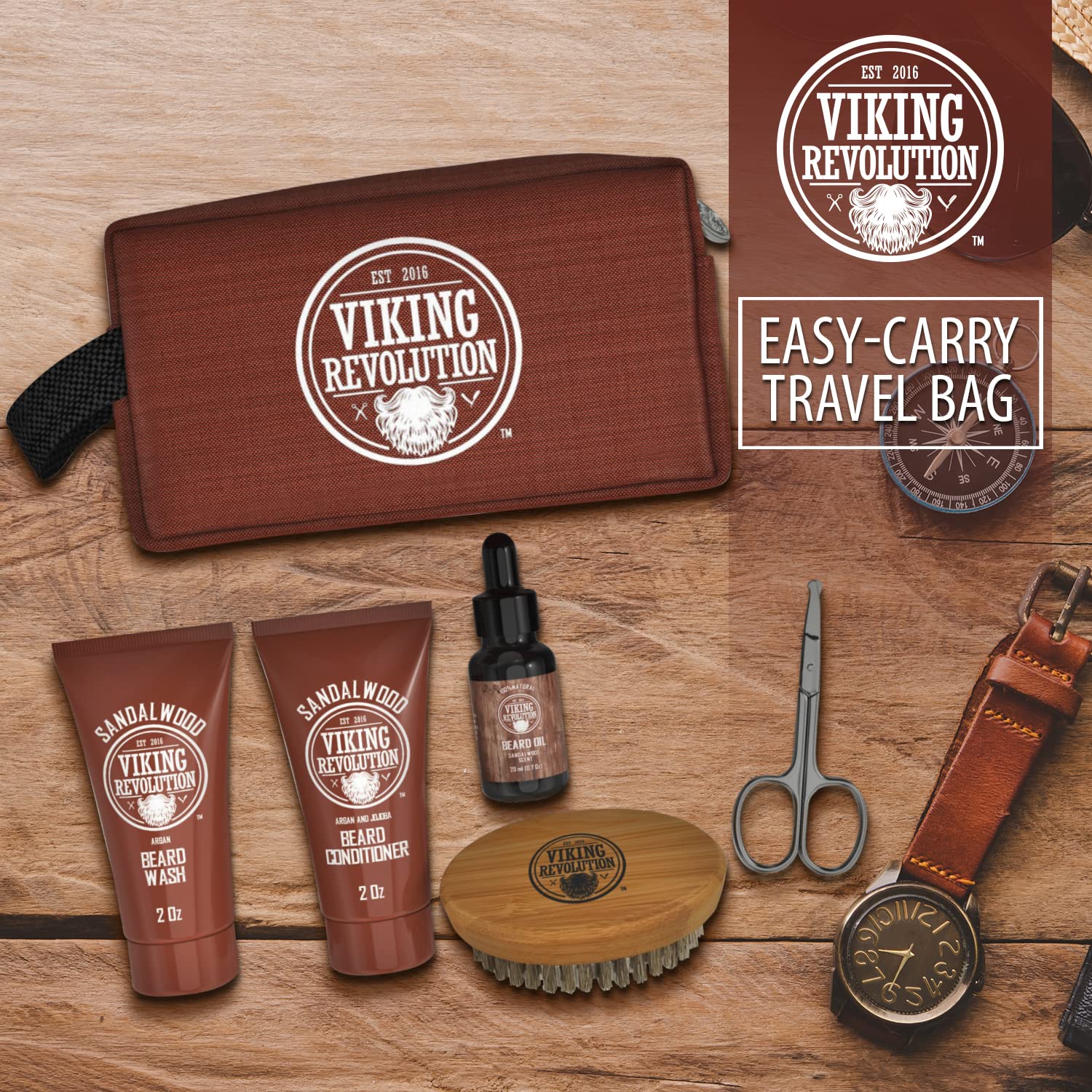 Beard Care Kit for Men Gift- Beard Grooming Kit Contains Travel Size Beard Oil, Beard Balm, Beard Shampoo & Conditioner, Beard Brush and Grooming Scissors - Includes Travel Case (Sandalwood)