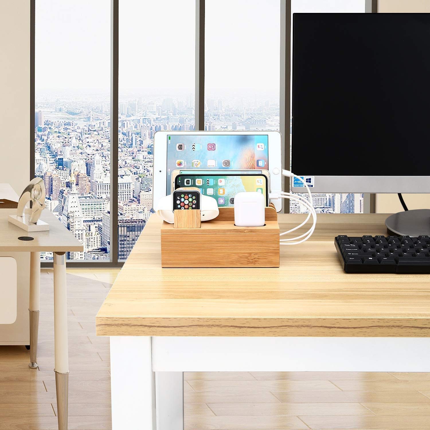 Bamboo Charging Station for Apple Multiple Devices Wood Desk Organizer and Accessories,Desk Drawer Organizer Extended Port Cell Phone Docking Station for iPhone Ipad Apple Watch Airpods
