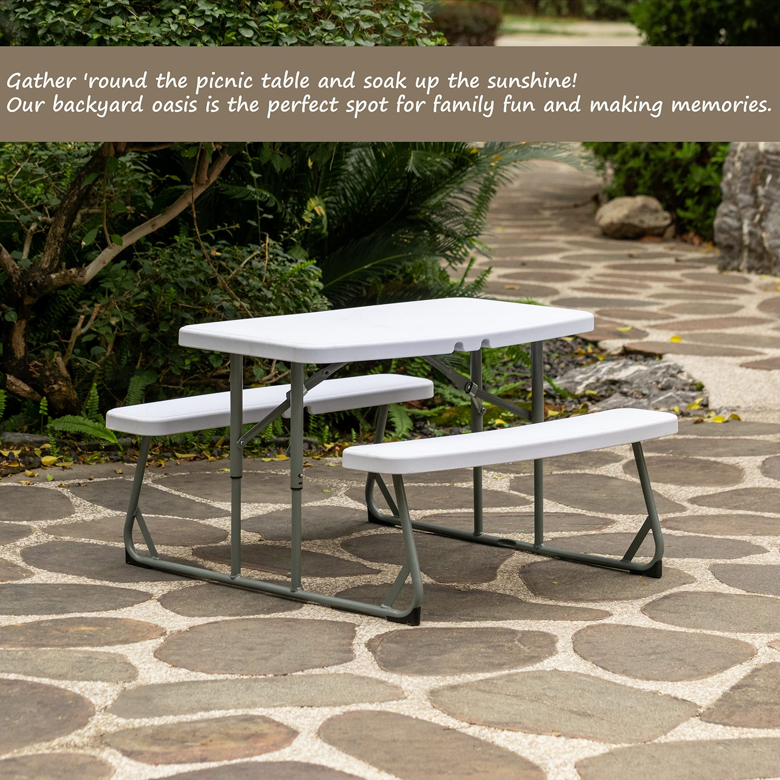 Gardenised Foldable White Kids' Picnic Table Bench Outdoor Portable Children's Backyard Table, Crafting, Dining, and Playtime Patio Table