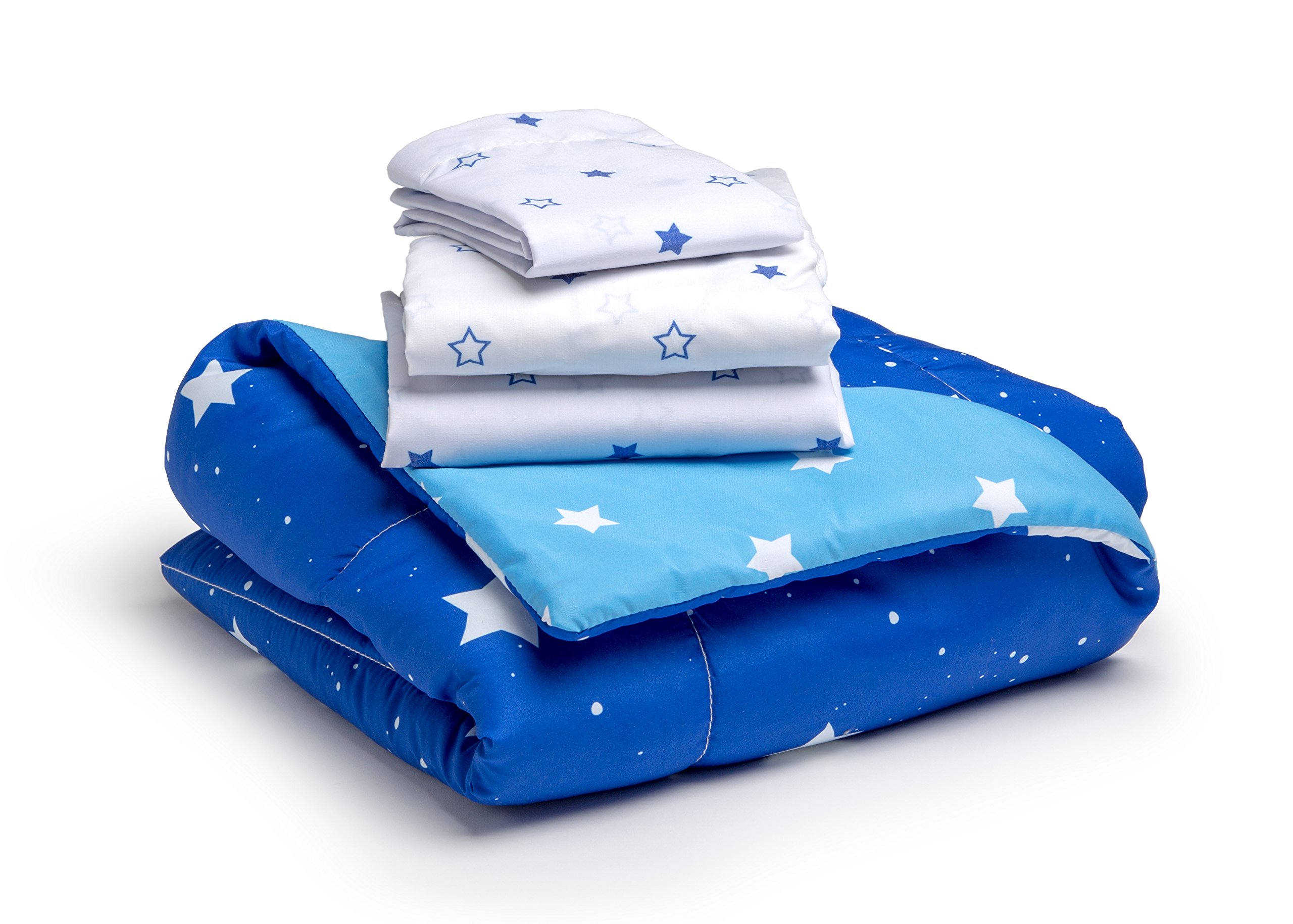 Delta Children 4 Piece Toddler Bedding Set for Boys - Reversible 2-in-1 Comforter - Includes Fitted Comforter to Keep Little Ones Snug, Bottom Sheet, Top Sheet, Pillow Case - Blue Stars