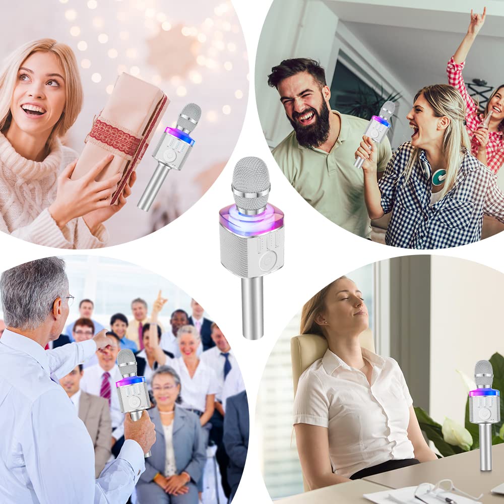BONAOK Wireless Bluetooth Karaoke Microphone with LED Lights, Handheld Karaoke Machine with Magic Sing Recording for Kids Adults Gift Q31(Silver)