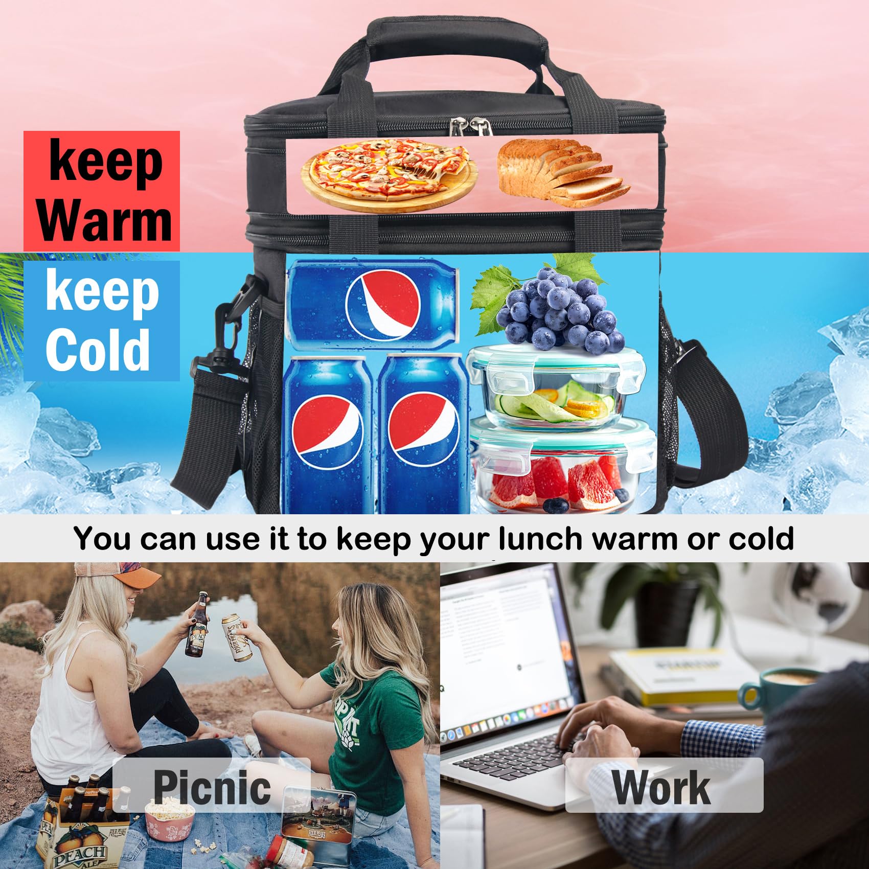 JOINGO Lunch Box For Men/Women,Large Double-layer Insulated Expandable Reusable Leakproof Cooler Bags For Adults,Lunch Box With Adjustable Shoulder Strap For Office Travel Picnic(Black)