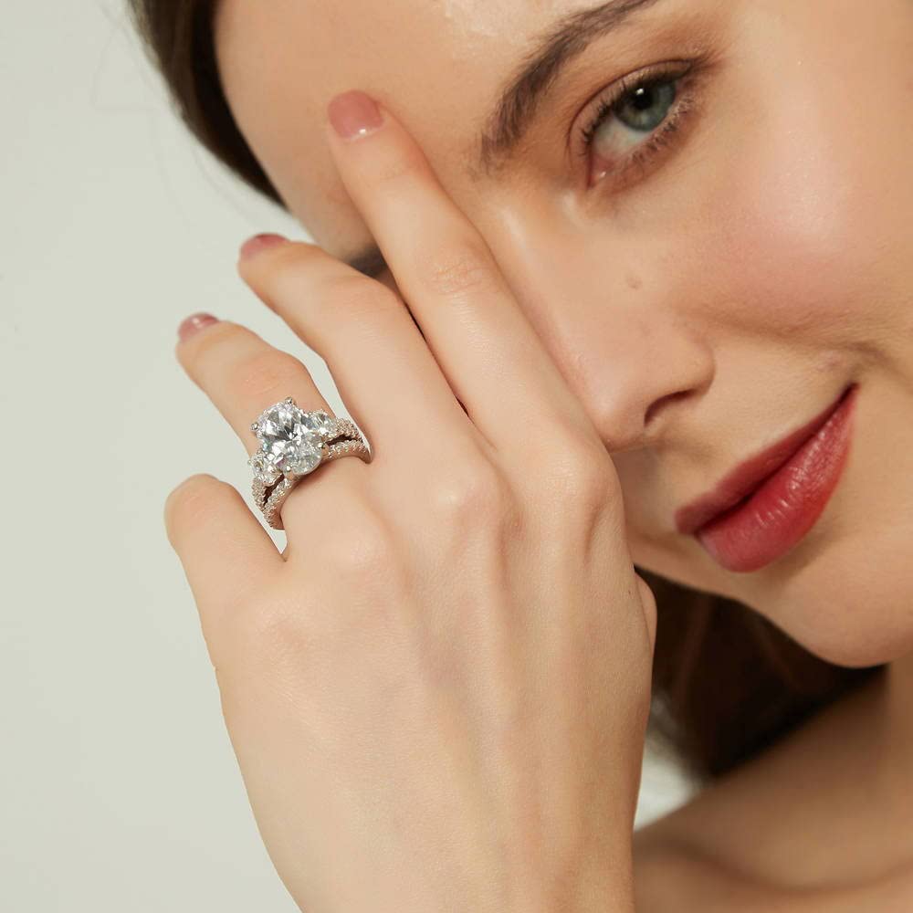BERRICLE Sterling Silver 3-Stone Wedding Engagement Rings Oval Cut Cubic Zirconia CZ Ring Set for Women, Rhodium Plated Size 7