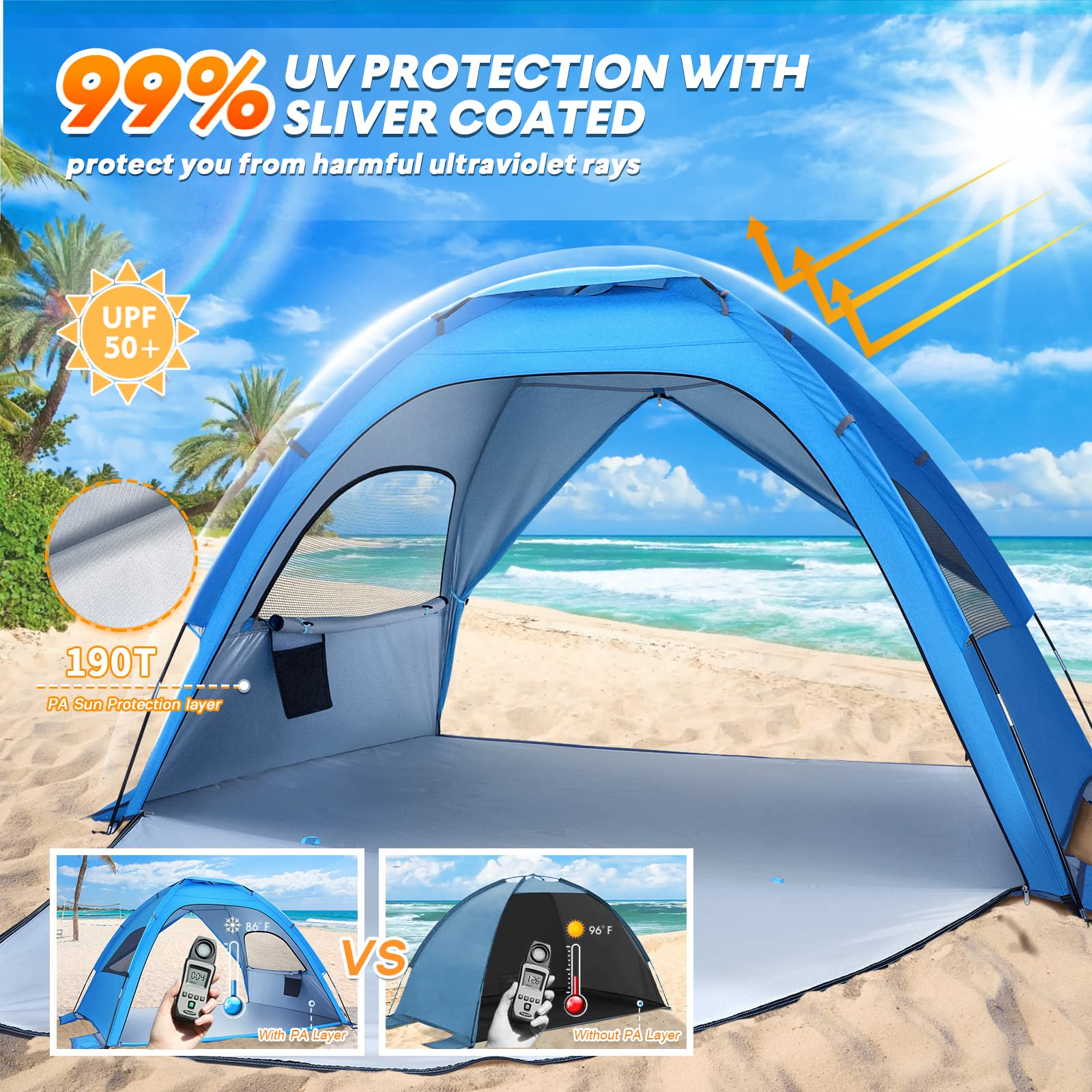 Beach Tent Sun Shade Shelter: 3-4 Person Large Anti-UV Windproof Portable Lightweight Tent Canopy Cabana with Extendable Floor Outdoor