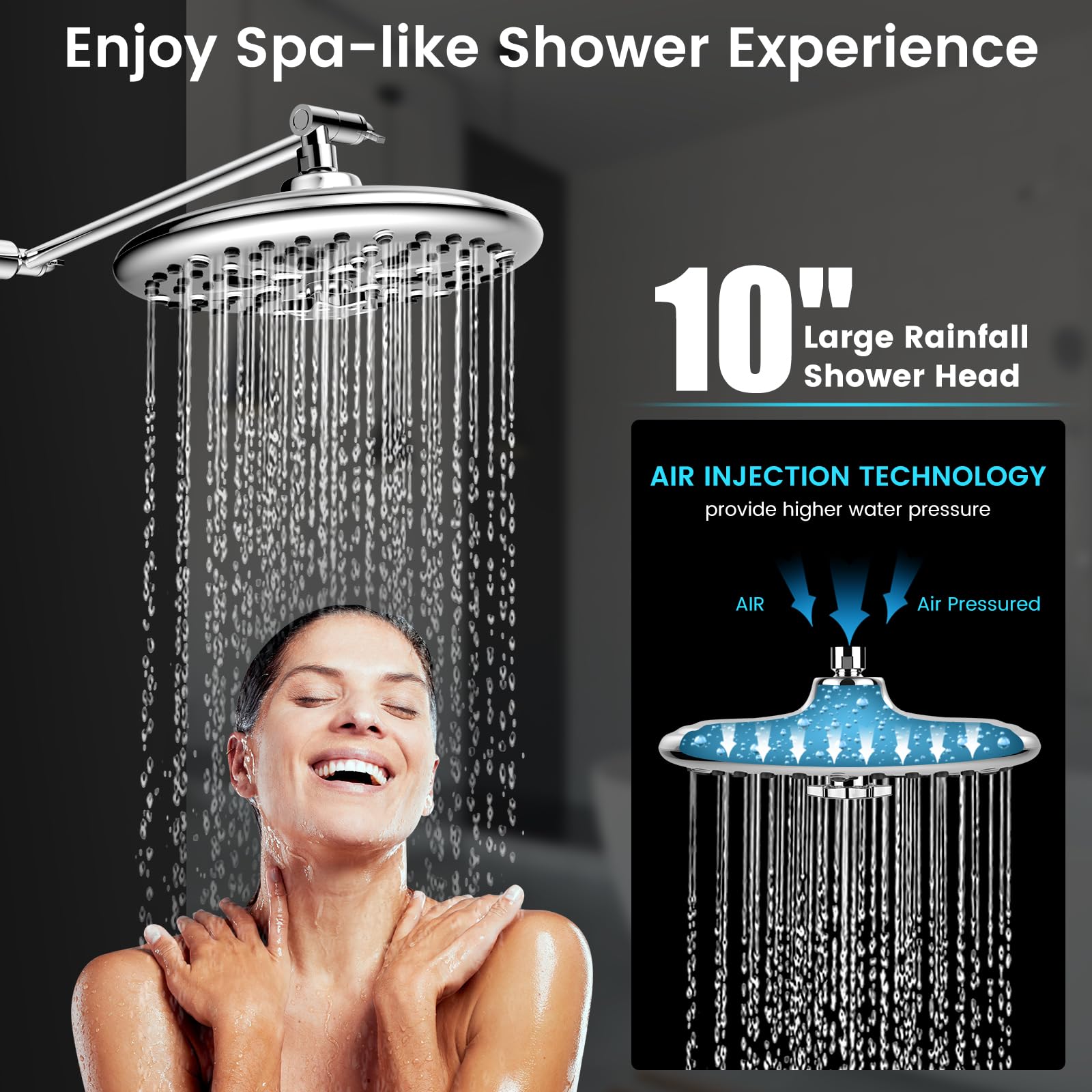 FEELSO Shower Heads with Handheld Spray Combo with ON/OFF Pause Switch, 10" High Pressure Rain 7 Settings Showerhead with 11" Adjustable Extension Arm, 9 Functions Anti-clog Handle Set with Power Wash