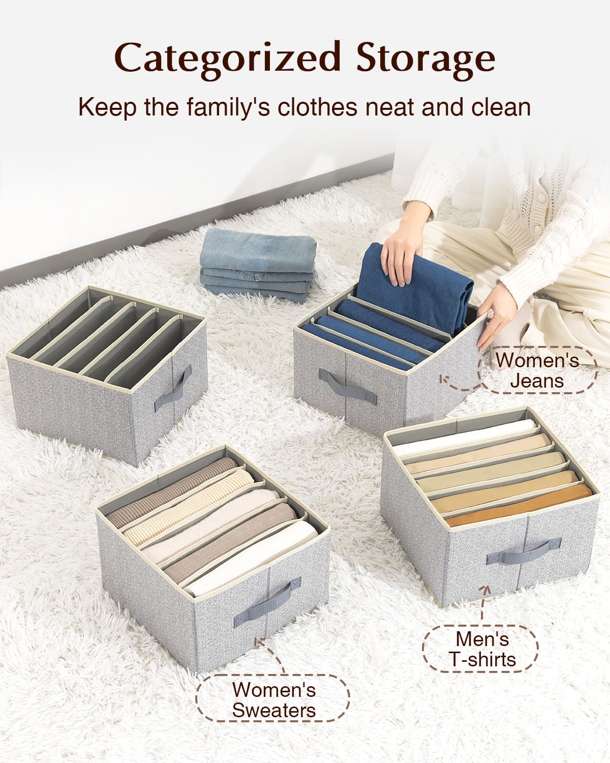 Homsorout Jeans Organizer for Closet - 4 Pack Clothes Drawer Organizer, 5-Cell Foldable Wardrobe Clothes Organizer with Handles, Closet Organizers and Storage for Jeans, T-shirts (Blended)