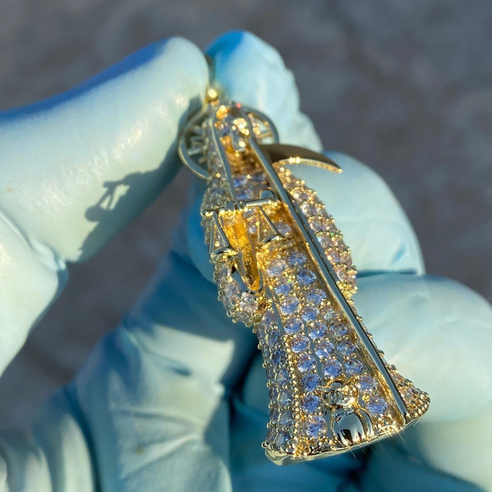 Bling Cartel La Santa Muerte Hip Hop Pendant Iced Charm Flooded Out 14K Gold Finish Small 2"