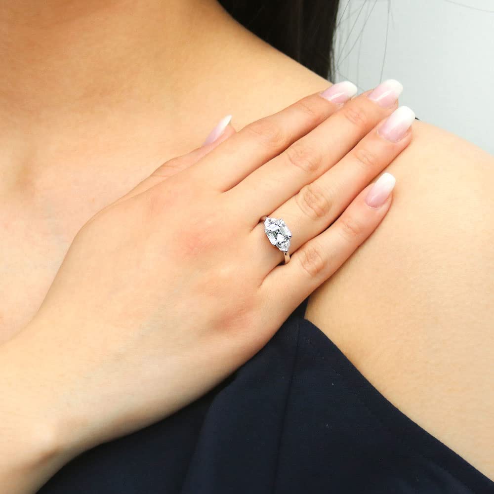 BERRICLE Sterling Silver 3-Stone Wedding Engagement Rings Asscher Cut Cubic Zirconia CZ Ring for Women, Rhodium Plated Size 8