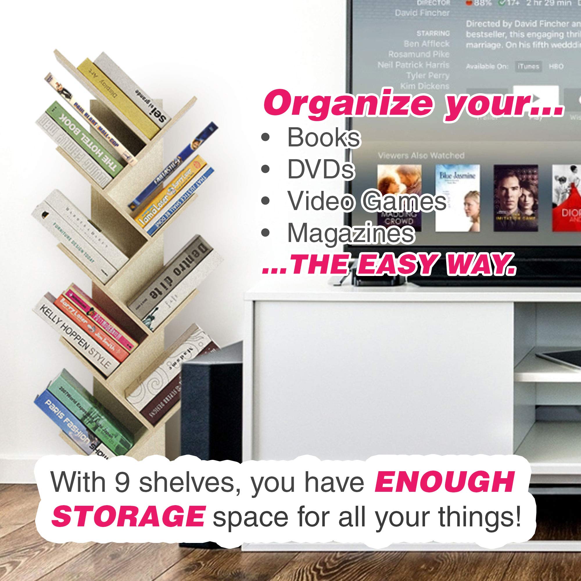 Berry Ave 9-Tier Tree Bookshelf - Unique Bookshelf for Books, Magazines, DVDs & More- Space Saving Spine Book Tower - Free Standing Bookcase in Modern Design for Home & Office Use (White)