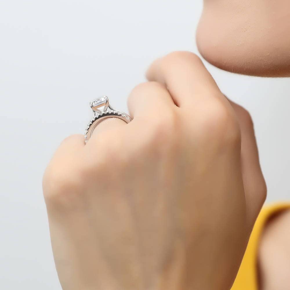 BERRICLE Sterling Silver Solitaire Wedding Engagement Rings 2.6 Carat Emerald Cut Cubic Zirconia CZ Ring Set for Women, Rhodium Plated Size 6