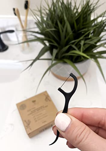 Me Mother Earth Vegan Dental Floss Picks (200 Count) โ Natural | Sustainable | Eco Friendly | Charcoal Dental Flossers for a Zero Waste Oral Care
